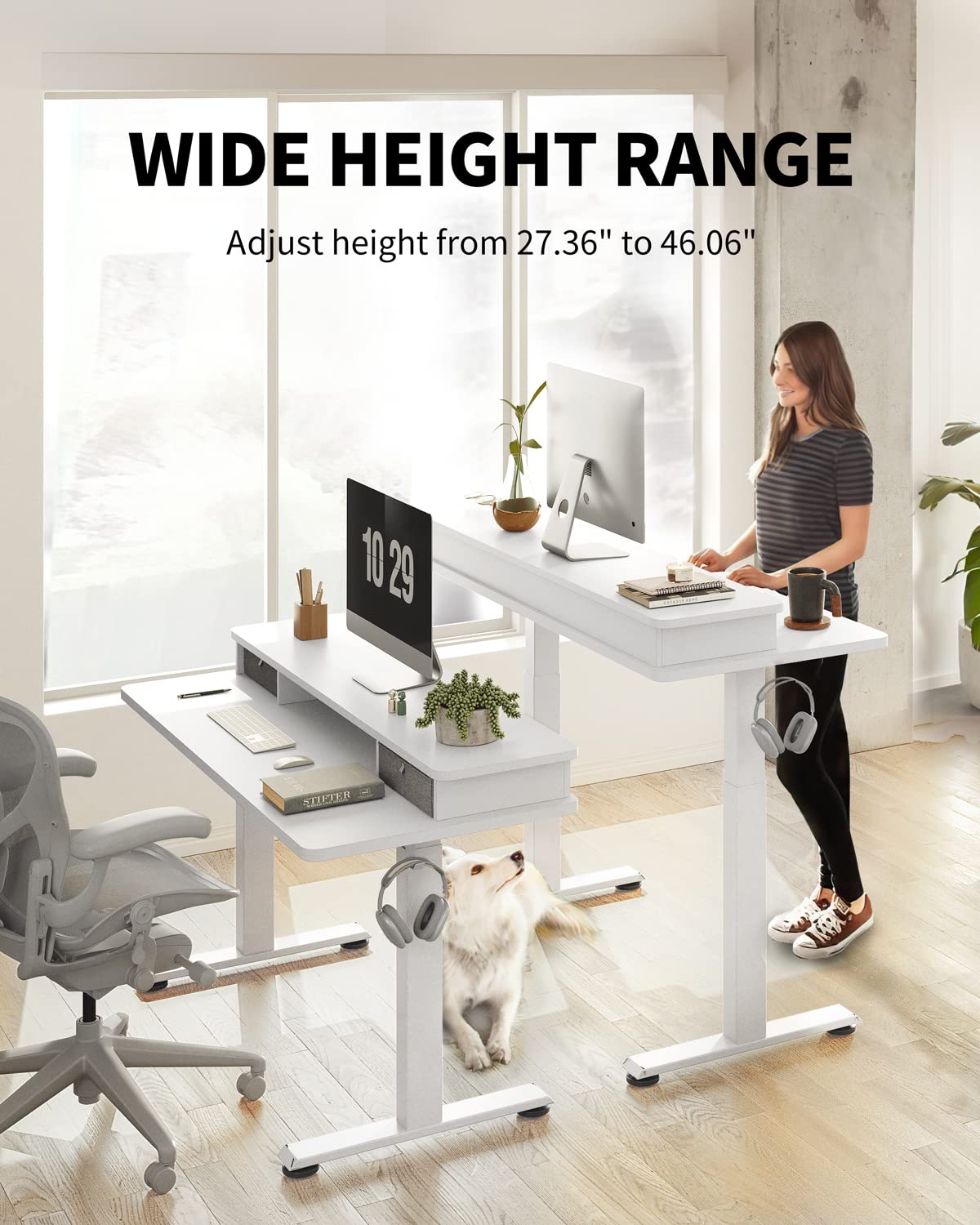 BANTI 55''x24''Standing Desk with Drawers, Adjustable Height Stand Up Desk with Storage Shelf, Sit Stand Home Office Desk with Splice Board, White Frame/Light Rustic Brown Top