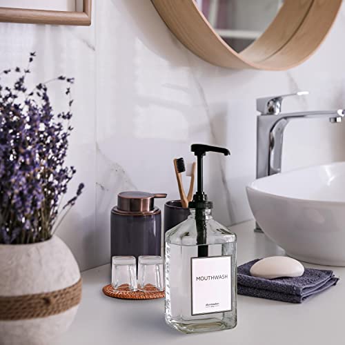 eBun® 37oz Mouthwash Pump Dispenser Black - Bathroom Hand Soap Dispenser Set Glass, Dish Soap Dispenser for Kitchen Sink, Bathroom Essential, Holder Decanter with Cup, Kids Mouthwash Pump Bottle
