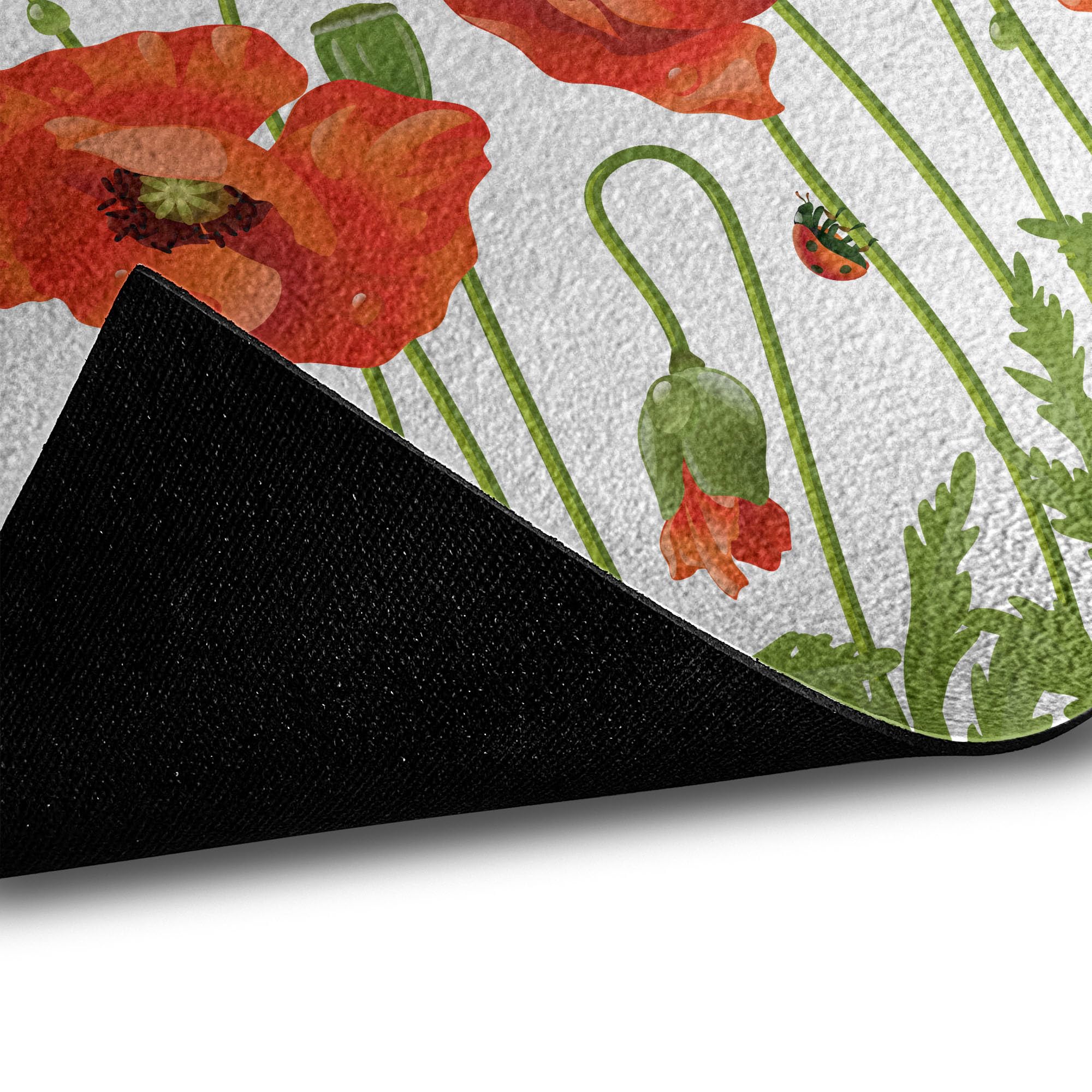 Lunarable Flower Doormat, Spring Wild Flower Poppy Ladybug Leaf Springtime Garden Nature Backyard Print, Decorative Polyester Floor Mat with Non-Skid Backing, 30" X 18", Orange Green