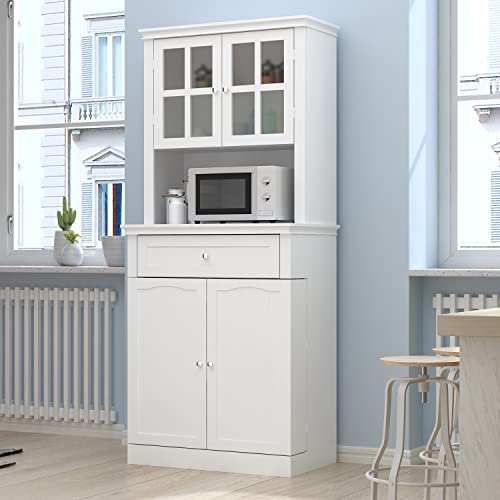 ECACAD Kitchen Pantry with 4 Doors, Drawer & Adjustable Shelves, Wood Storage Cabinet with Acrylic Doors, Freestanding Kitchen Cupboard Floor Cabinet for Living Room, White (29.9โW x 16.9โD x 72.3โH)