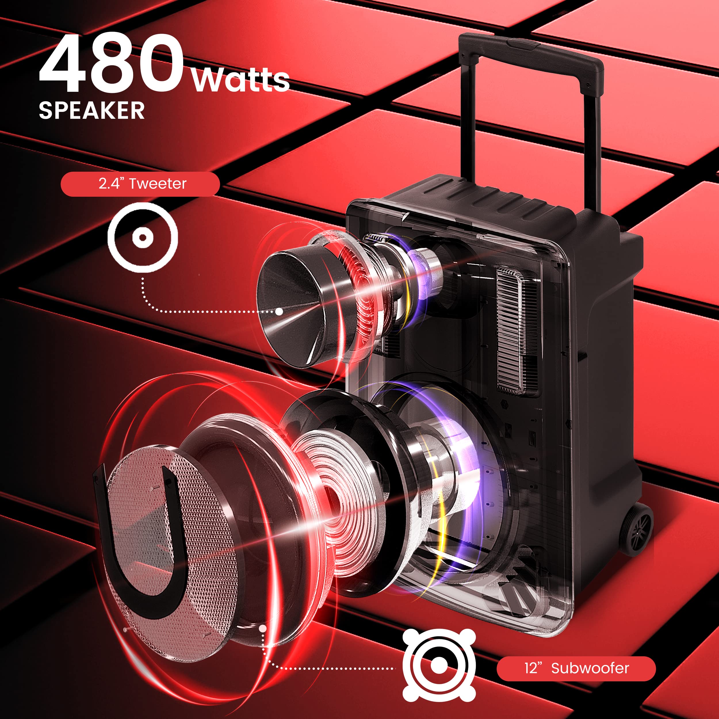 Pyle 12’’ Portable PA Speaker System - Wireless BT Streaming PA & Karaoke Party Audio Speaker, Two Wireless Mic, Wired Microphone, Tablet Stand, Flashing Party Lights, MP3/USB//FM Radio - PHPWA12TB