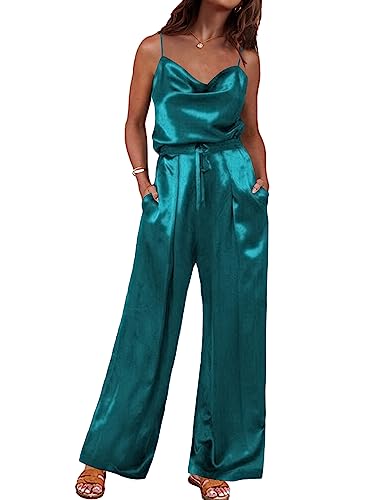 Ekouaer Lounge Wear Sets Women's Summer Silk Sleeping Pajamas Satin Cami Top with Long Pants Gift Set 2 Piece Tracksuit Blue Green,XXL