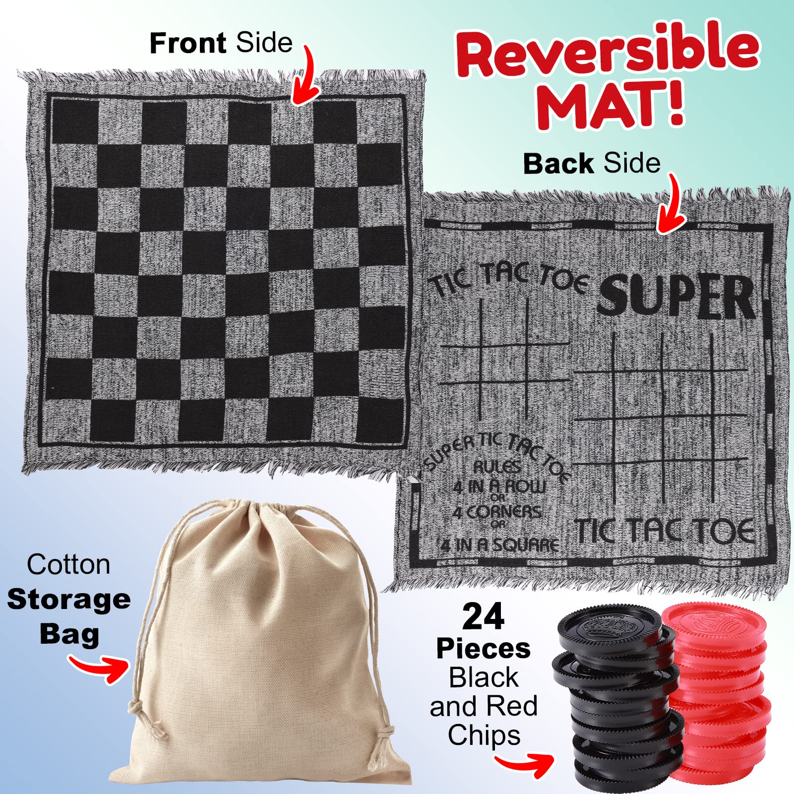 OleOletOy Super Tic Tac Toe and Giant Checkers Set Board Game with 24 Checker Pieces Reversible Rug, Classic Indoor and Outdoor Activity for Kids and Adults, Best for Camping, Backyard, or Lawn Game