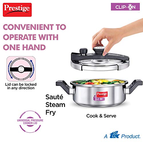 PRESTIGE Clip-on Svachh 3 Litre Stainless Steel Pressure Cooker, silver, standard