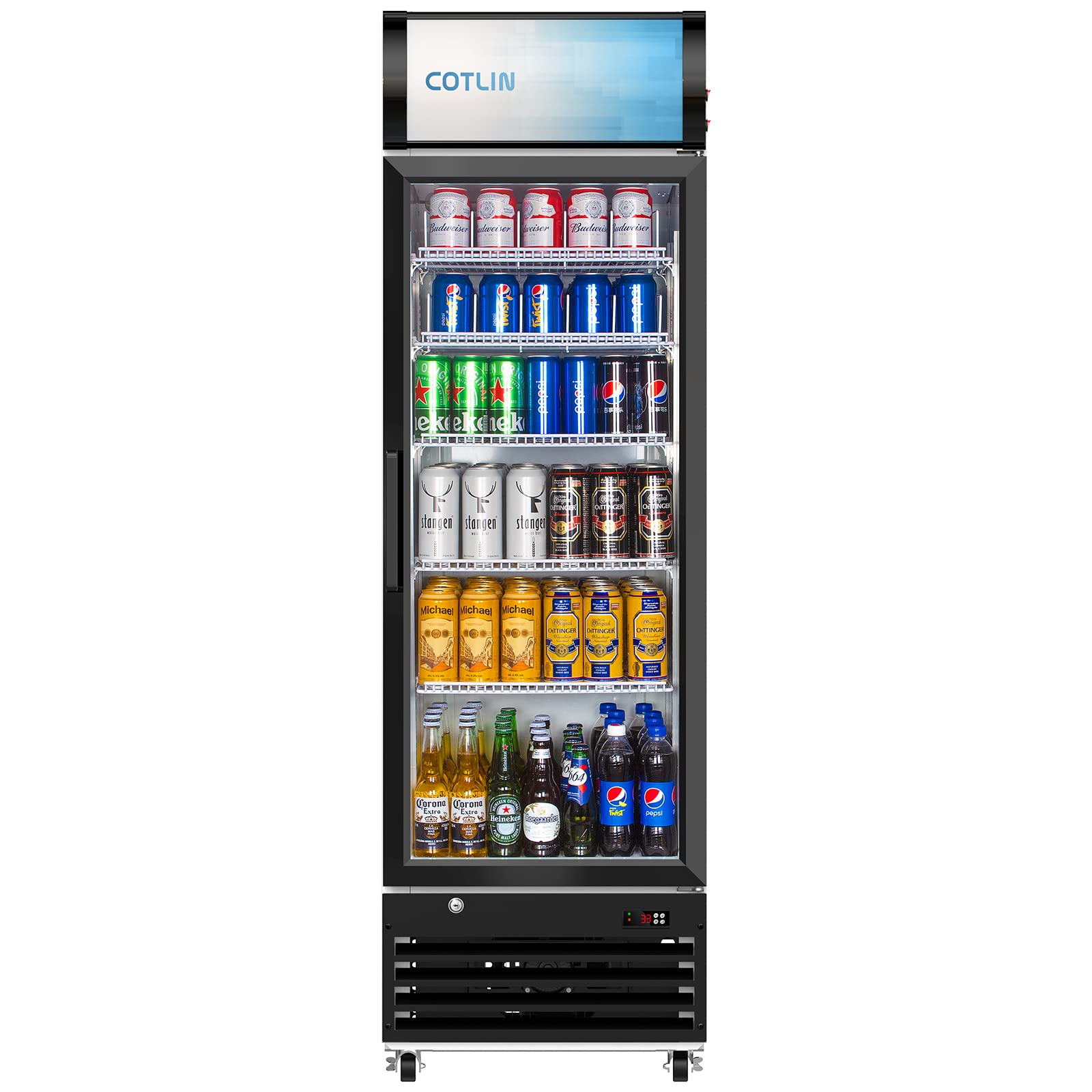 COTLIN Glass Door Merchandiser Refrigerator with LED Lighting, 12.5 cu.ft Commercial Beverage Cooler, Dual-Layer Glass Extra Adjustable Shelves and Drink Organizers, ETL NSF Approved