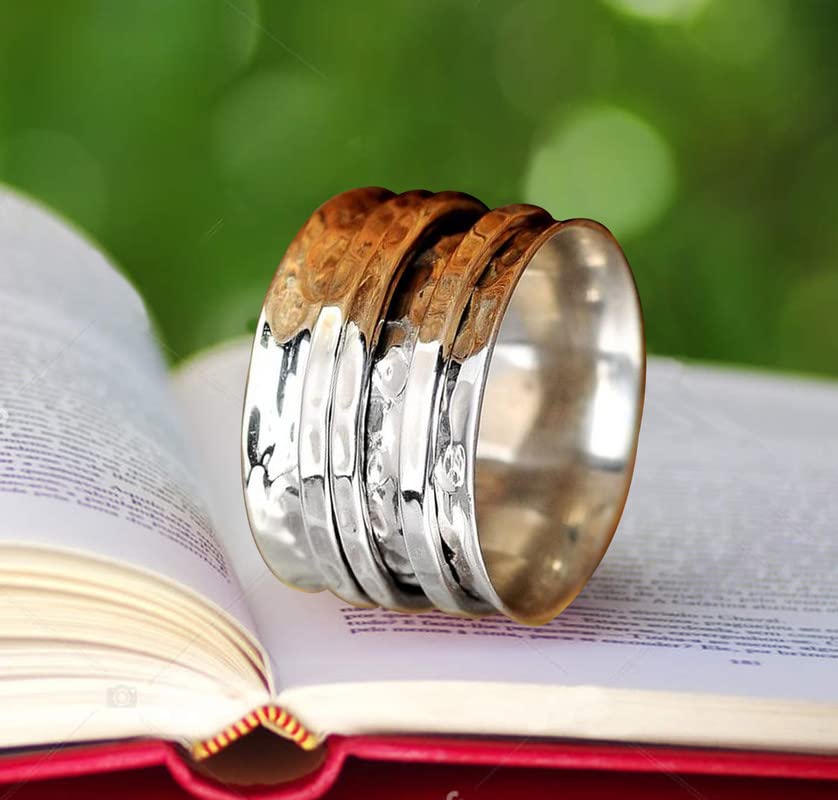 Spinner Ring Silver For Women Girls, 925 Sterling Silver Spinner Ring, Spin Ring, Three Tone Fidget Band Spinner Ring, Classic Hammered Meditaion Spinner Ring, Christmas Spinner Ring Size us 12