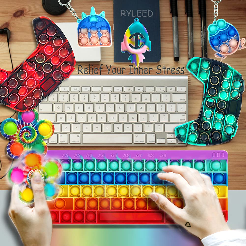 RYLEED 8 Pack Pops Fidget Toys, It is Includes( 2 Game Controller Gamepad Shape+ 2 Small Poppit Keychain+ 2 Fidget Spinner Toys+ 1 Keyboard Shape+ 1 Rocket Shape Snap Toy)