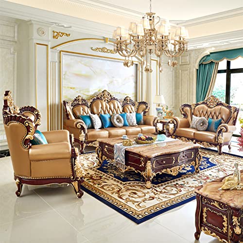 DEKIST Single Solid Wood Sofa, European-Style Leather Red Sandalwood Oak Sofa,5D Double-Sided Carved Luxury Villa Sofa, Suitable for Living Room, Villa, Indoor, Club, Apart