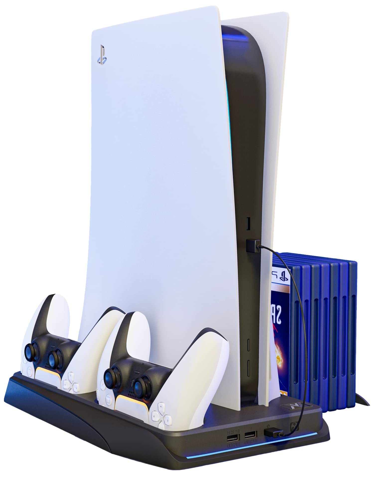 Q-View Vertical Stand for use with PlayStation 5, 4 in 1 Docking Station, Controller Charger, Cooling Fan and Games Storage Tray Compatible with PS5 Console, Disk and Digital Version