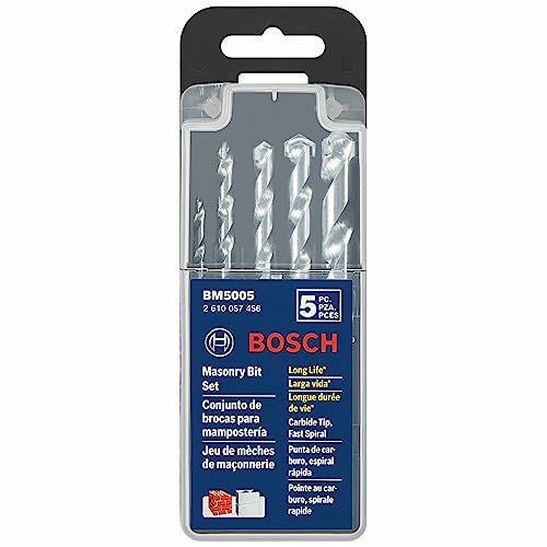BOSCH BM5005 5-Piece Fast Spiral Rotary Masonry Carbide Tip Bits Assorted Set for Rotary Drilling Applications in Block, Brick, Masonry