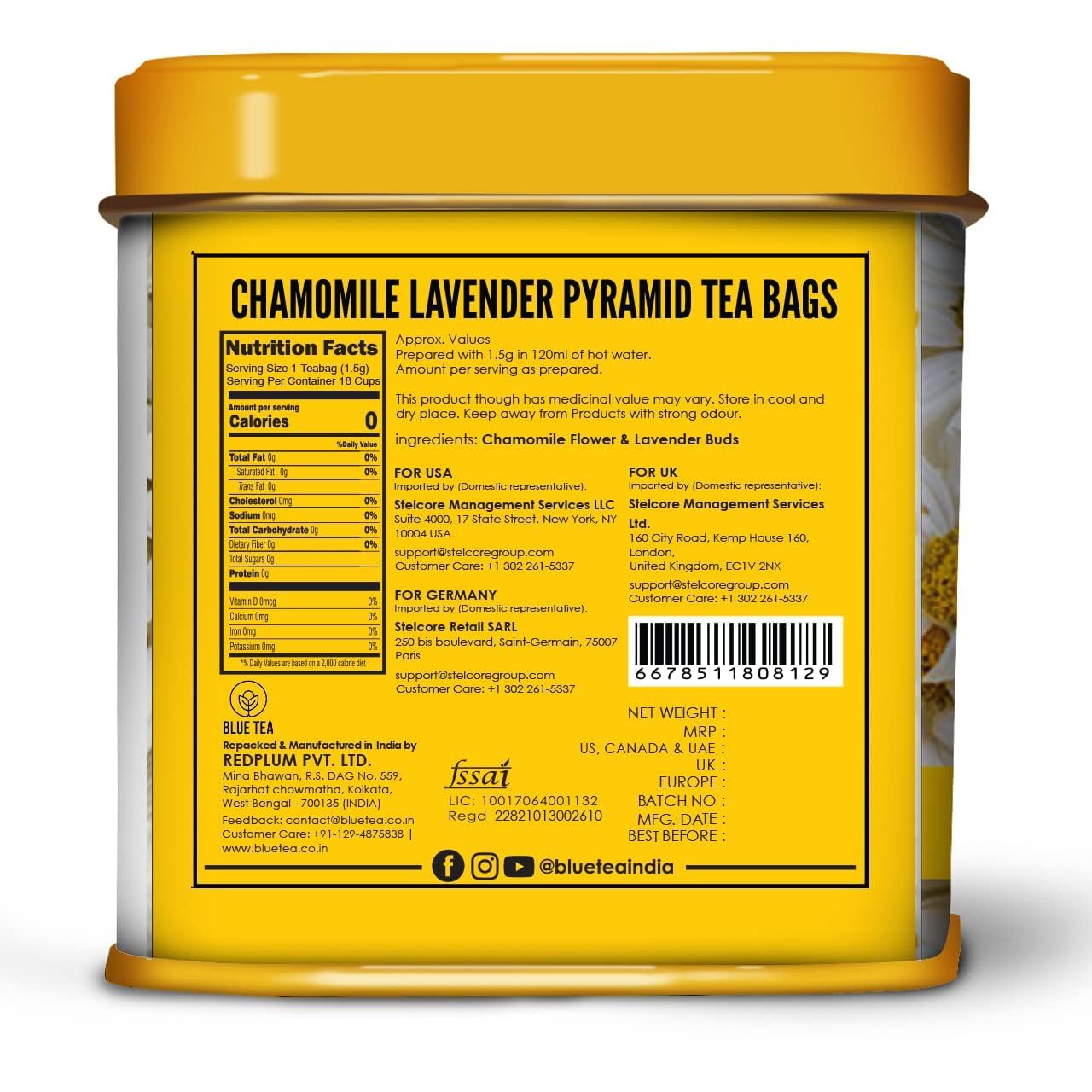 BLUE TEA - Chamomile Lavender Tea - 30 Premium Tea Bags || RELAX TEA || Direct From Source - Plant-Based Biodegradable Tea Bag | Caffeine Free - Herbal Tea - Organic - Premium Tin Container