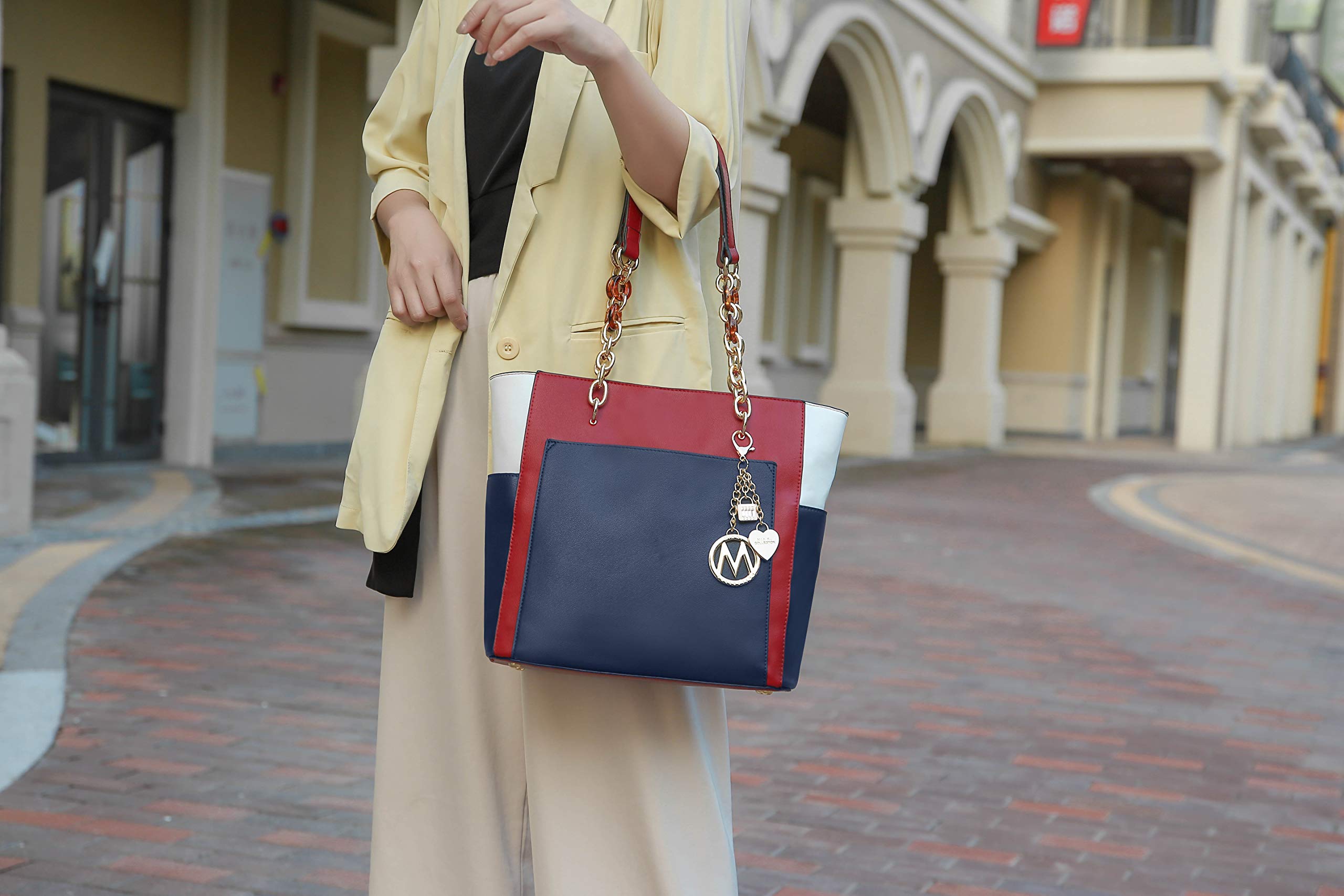 MKF 2-PC Set, Tote Bag for Women & Pouch Purse: PU Leather Handbag Pocketbook, Top-Handle Shoulder Strap Mustard-Olive