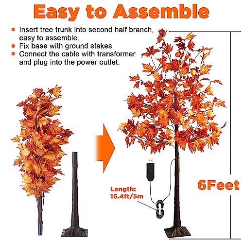 GTIDEA 6FT 120LED Lighted Maple Tree Fall Halloween Decorations, Artificial Fall Tree with 8 Flashing Mode 216 Fall Leaves for Thanksgiving Autumn Porch Farmhouse Home Decor Indoor Outdoor