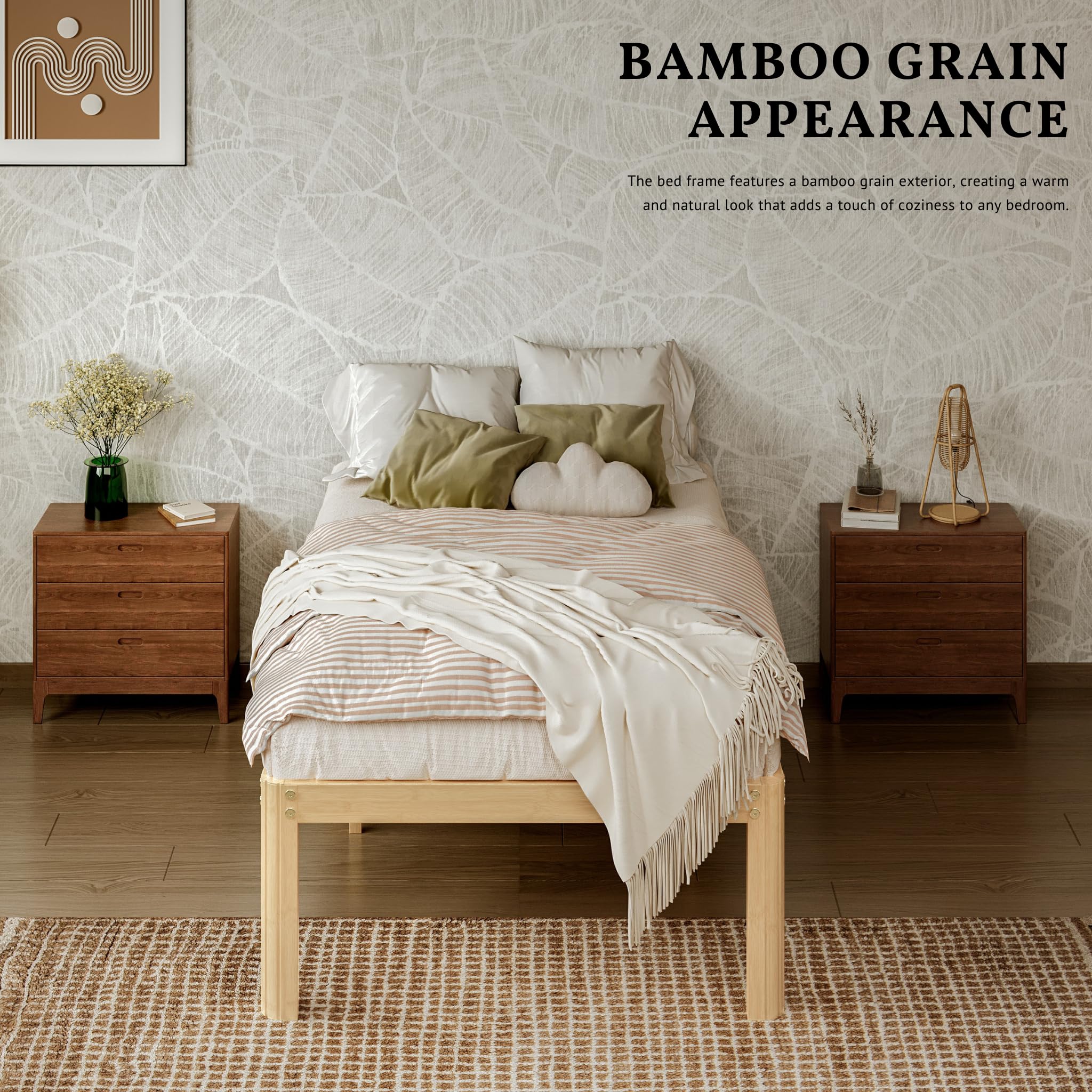 BOSRII Serenity Series Bamboo Grain Full Size Bed Frame, Thickened and Reinforced Heavy Duty Steel Structure with 4000 LBS Support,14 Inches High No Box Spring Needed, Easy Assembly
