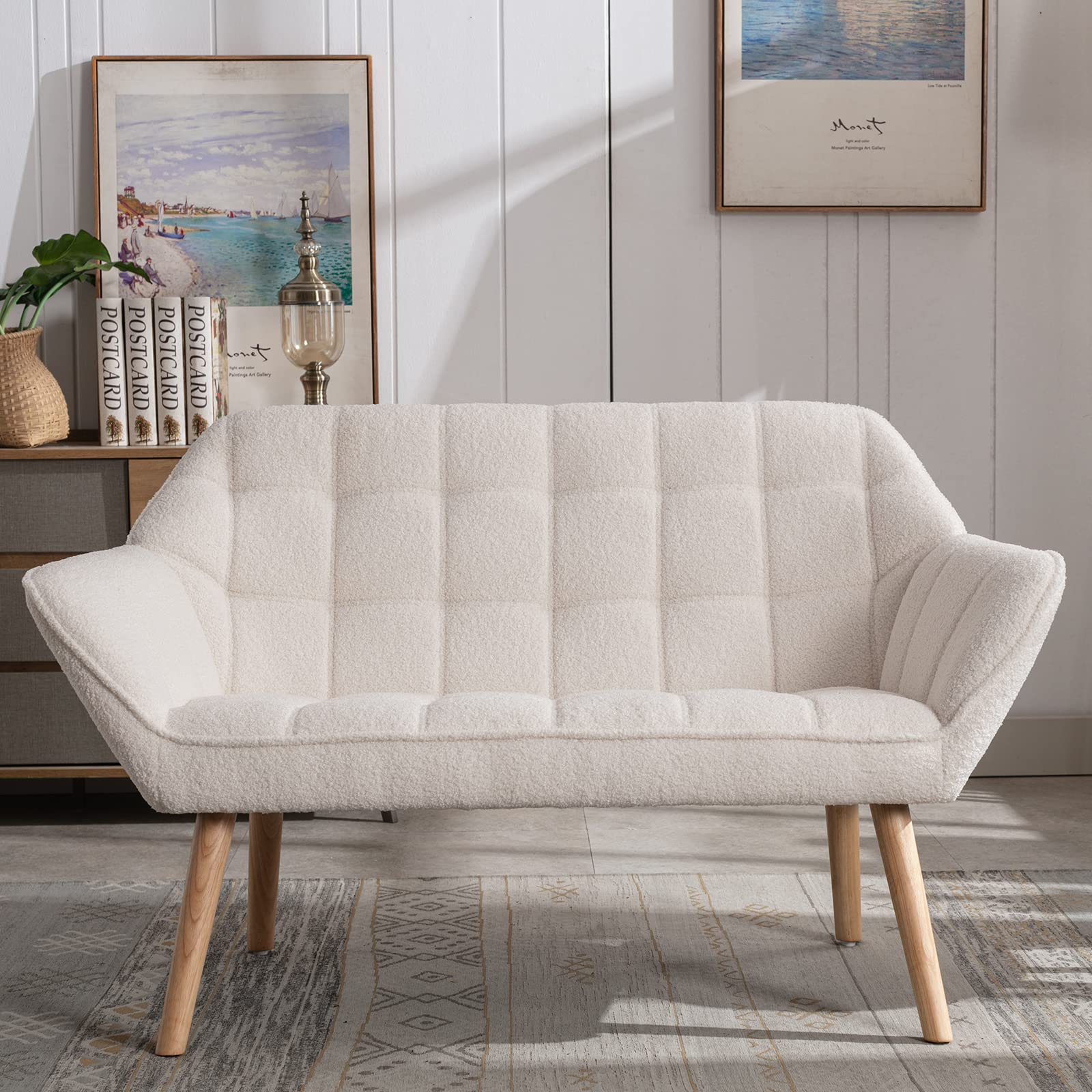 ZH4YOU 48" Small Loveseat for Small Spaces, Upholstered Fluffy White Loveseat Sofa, Mid Century Modern 2-Seater Couch with Armrest and Wood Legs for Bedroom, Living Room, Apartment, White