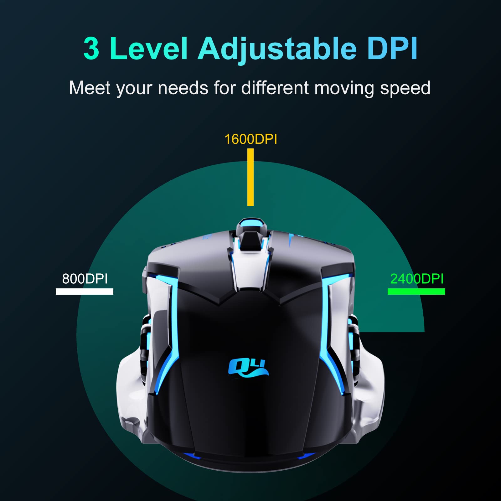 QELIROKY New 2.4G Wireless Rechargeable Gaming Mouse Silent Click with 6 Buttons, 3 Adjustable Levels DPI, Colorful LED Lights for Laptop, iPad, MacOS, PC, Windows, Android (Black)