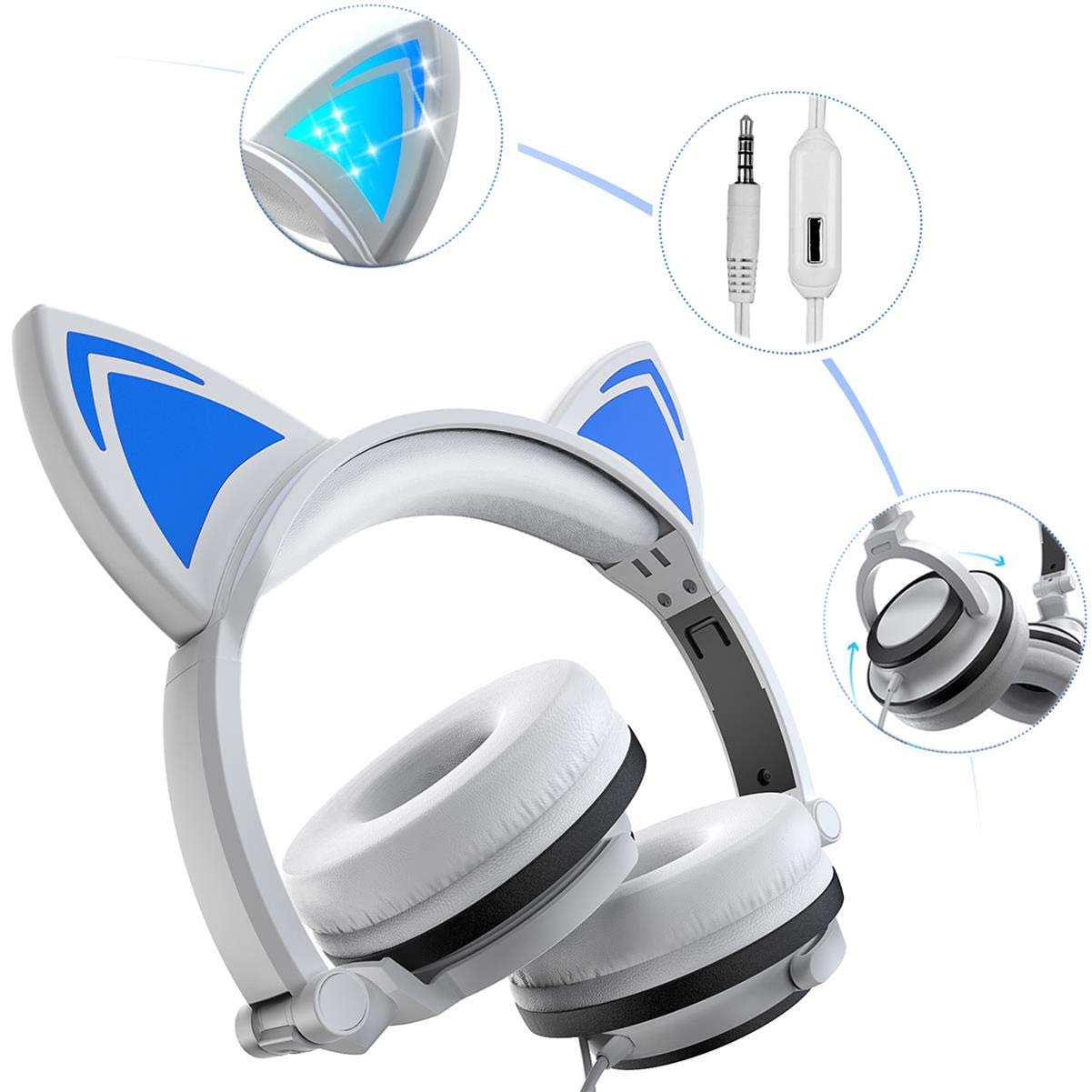 Olyre Wired Headphones with Microphone for Kids/Girls/Boys/Women,On-Ears Adjustable Stereo Foldable LED Cat Kitty Gift Headset Compatible with Computer Tablet PC iPad Smartphone(White)
