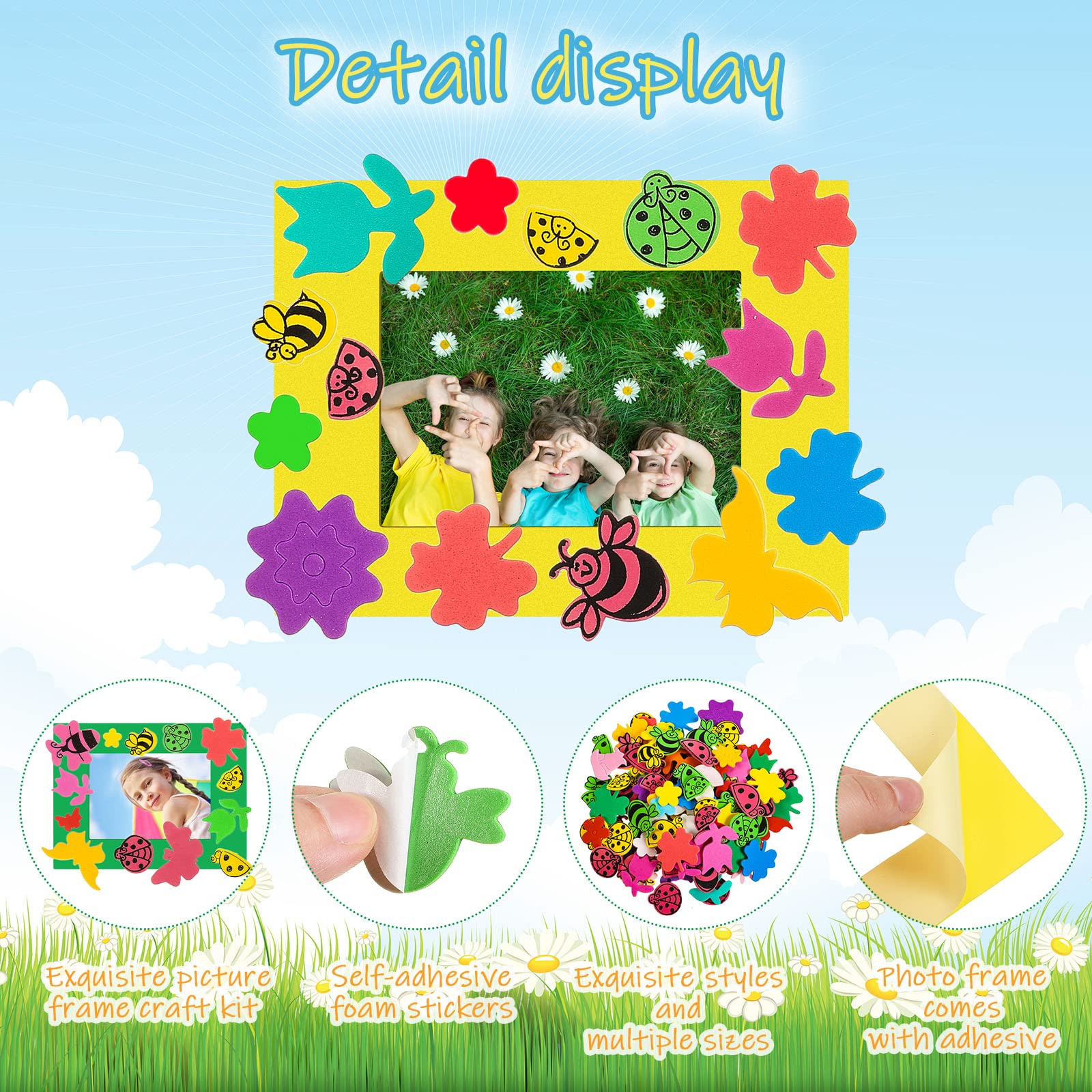 Spring Picture Frame Craft Kits for Kids, Foam Picture Frames DIY Craft Photo Frames with Flower Butterfly Foam Stickers for Home Classroom Game Activities Bulletin Board Decoration (177 Pcs)