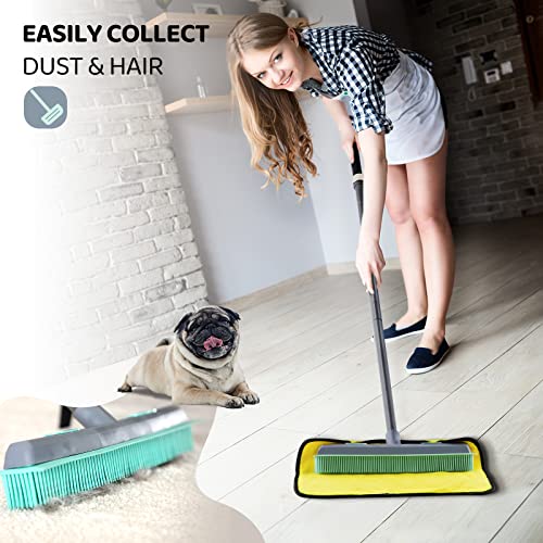 Conliwell Rubber Broom Carpet Rake for Pet Hair, Fur Remover Broom with Squeegee, Portable Detailing Lint Remover Brush, Pet Hair Removal Rubber Broom and Brush for Fluff Carpet, Hardwood Floor
