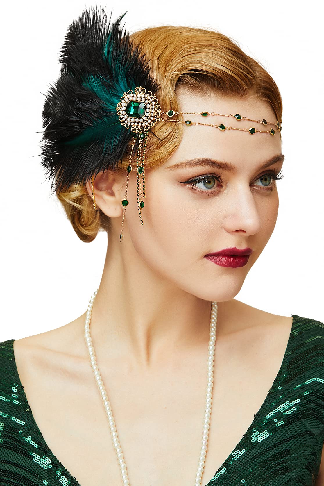 BABEYOND 1920s Flapper Gatsby Headband Roaring 20's Party Headpiece (Green)
