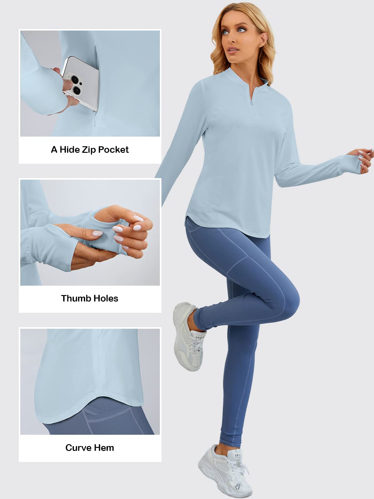 BMJL Women's UPF 50+ Workout Long Sleeve Yoga Shirts Running Hiking Shirts1/4 Zip Pullover Quick Dry Athletic Tops(L,Sky Blue)