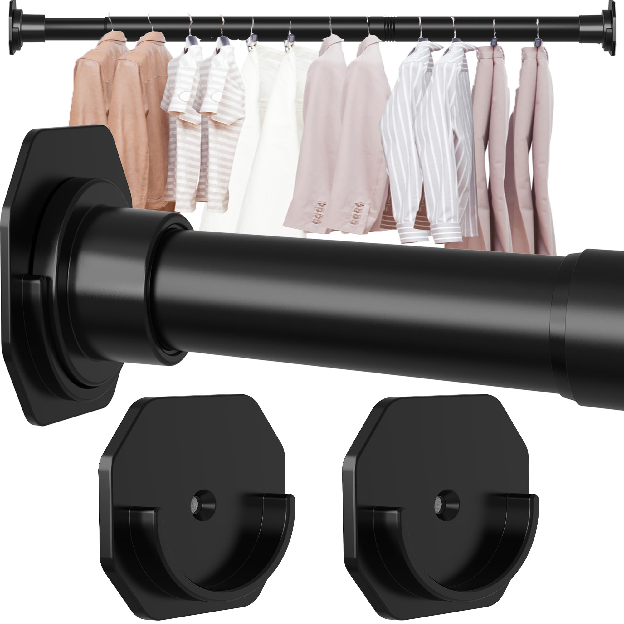 Closet Rod 30-52 Inches,No Drilling Adjustable Closet Rods for Hanging Clothes,Space Saving Tension Spring Pole Closet Bar for Wardrobes(With Holder)