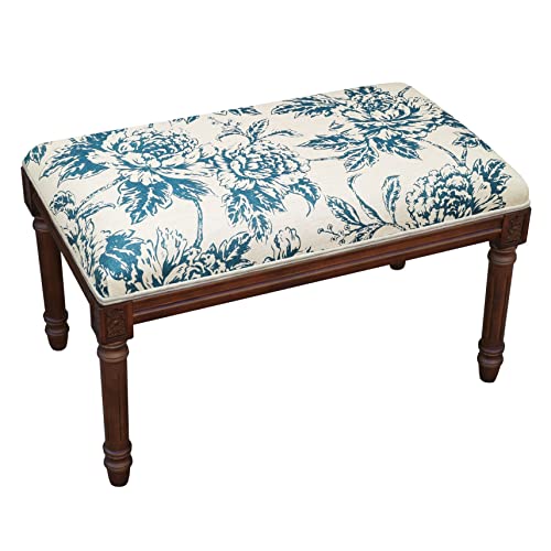 Navy Bench with Wood Stain Finish Blue Floral Classic Pattern Linen Solid