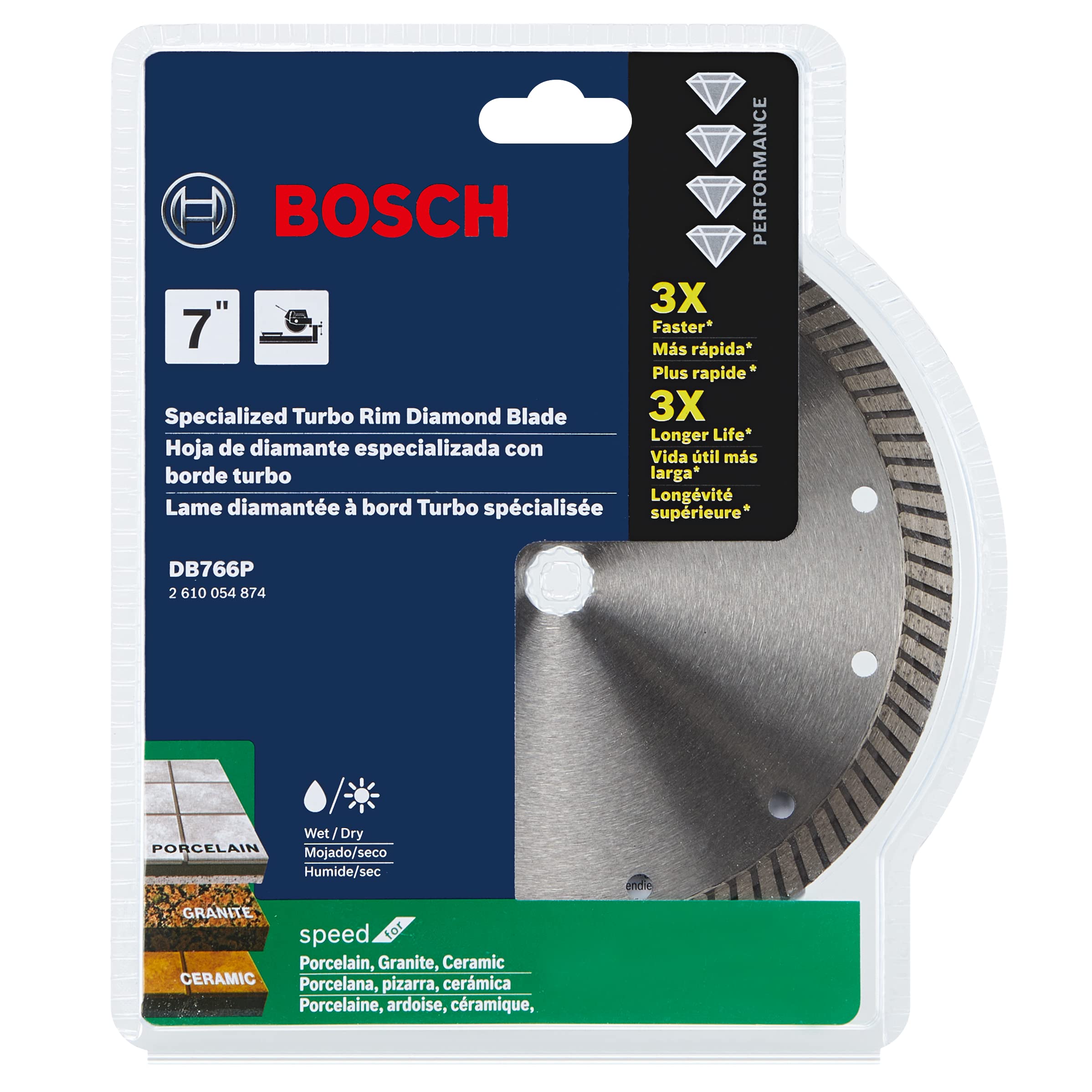 BOSCH DB766P 7 in. Specialized Turbo Rim Diamond Blade with 5/8 in. Arbor for Fast Cut Wet/Dry Cutting Applications in Porcelain, Granite, Ceramic