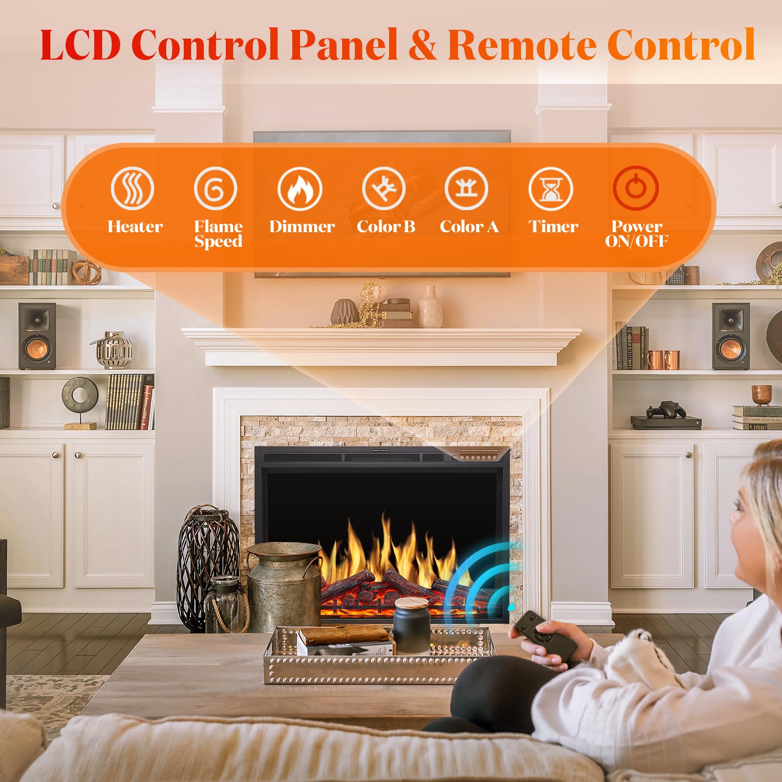 Rintuf Electric Fireplace,34" Fireplace Insert with Touch Screen, Quick Heating, Overheating Protection with Timer, Remote, Customed Display: 5 Flame Speed & 5 Color & 5 Brightness, 750/1500W, Black
