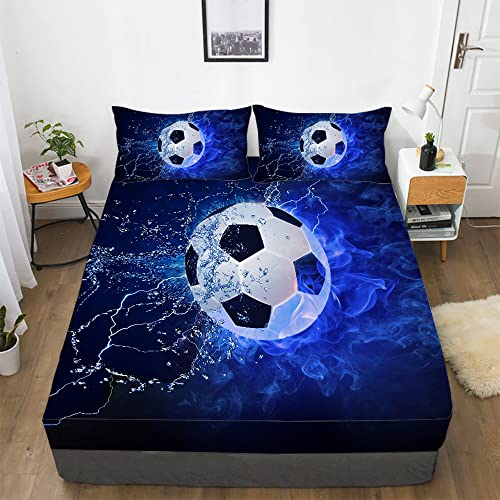 F-CHU Soccer Fitted Sheet Set for Teens and Boys 3D Soccer Pattern Bed Sheet for Kids Soccer Bedding Set 1 Fitted Sheet with 1 Pillowcases (Twin Size)