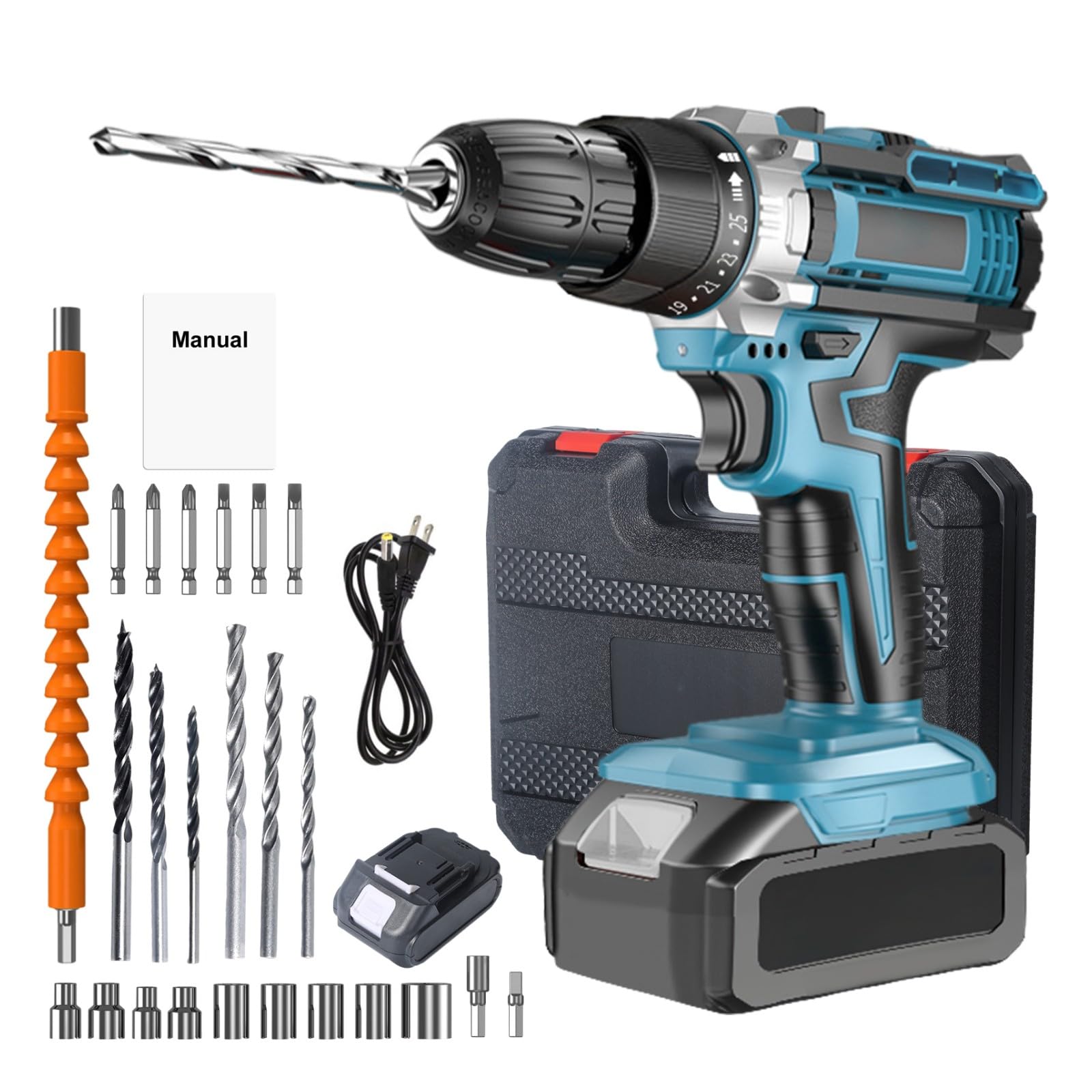 DEWIN Cordless Power Drill Set, 21V Electric Drill with Battery and Charger, 2 Variable Speed, 24 piece tool Portable Drill With tool box blue