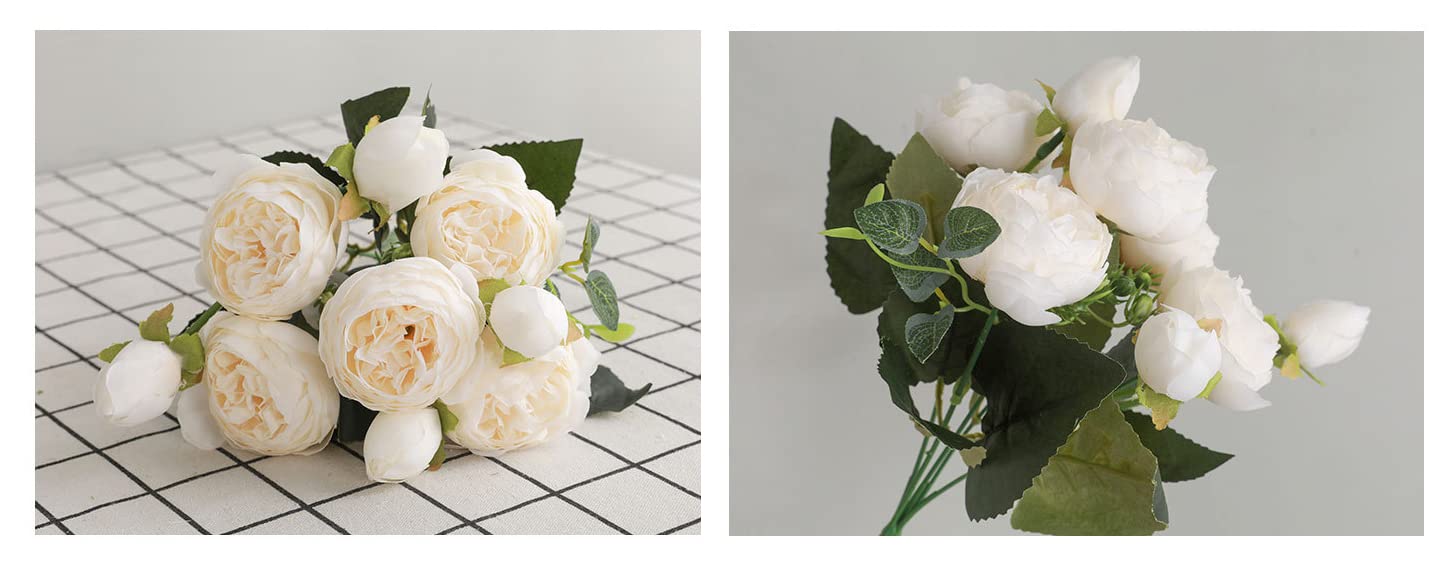NINAT Peony Artificial Flowers Artificial Bouquet Fake Flowers Silk 20 Heads 16 Buds with Flower Stem for Wedding Valentine's Day Party Home Decoration Pack of 4 (White)