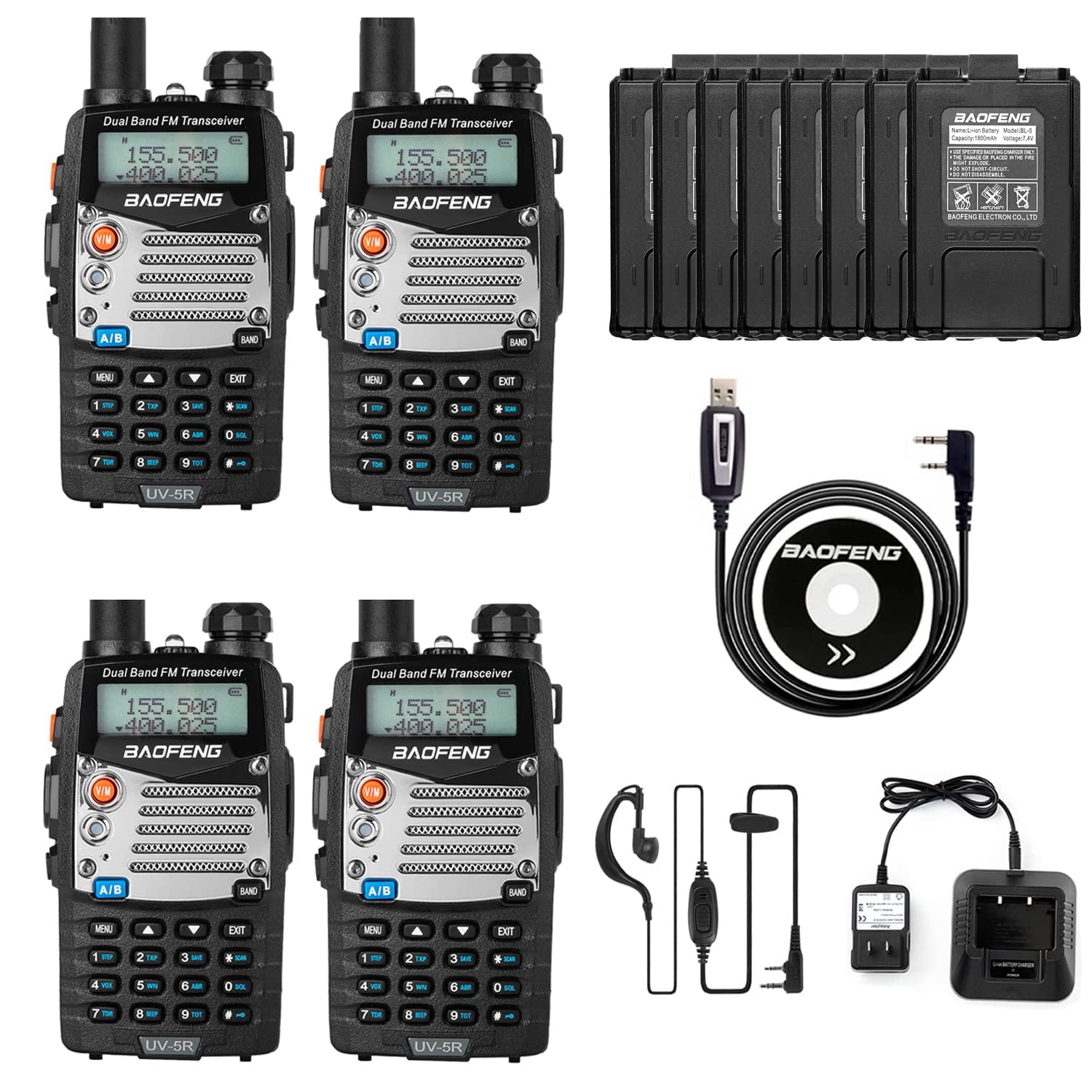 BAOFENG UV-5R Ham Radio Long Range, Dual Band 2 Way Radio, Rechargeable Baofeng Handheld Radio with Extra Battery and Charger, Programmable Two Way Radios with Programming Cable and Earpiece(4 Pack)