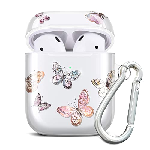 JAHOLAN AirPods Case Cover, Butterfly Clear Case Cute Protective Soft Shockproof Cover with Keychain for Women Girls Compatible with AirPods 2 & 1 Wireless Charging Case - Colourful