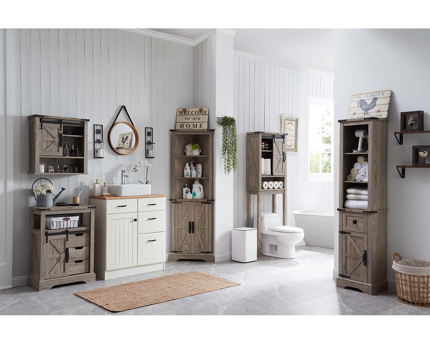 OKD Bathroom Storage Cabinet, Farmhouse Storage Cabinet with Adjustable Shelves & Storage Drawer, Tall Linen Tower for Bathroom, Living Room, Light Rustic Oak