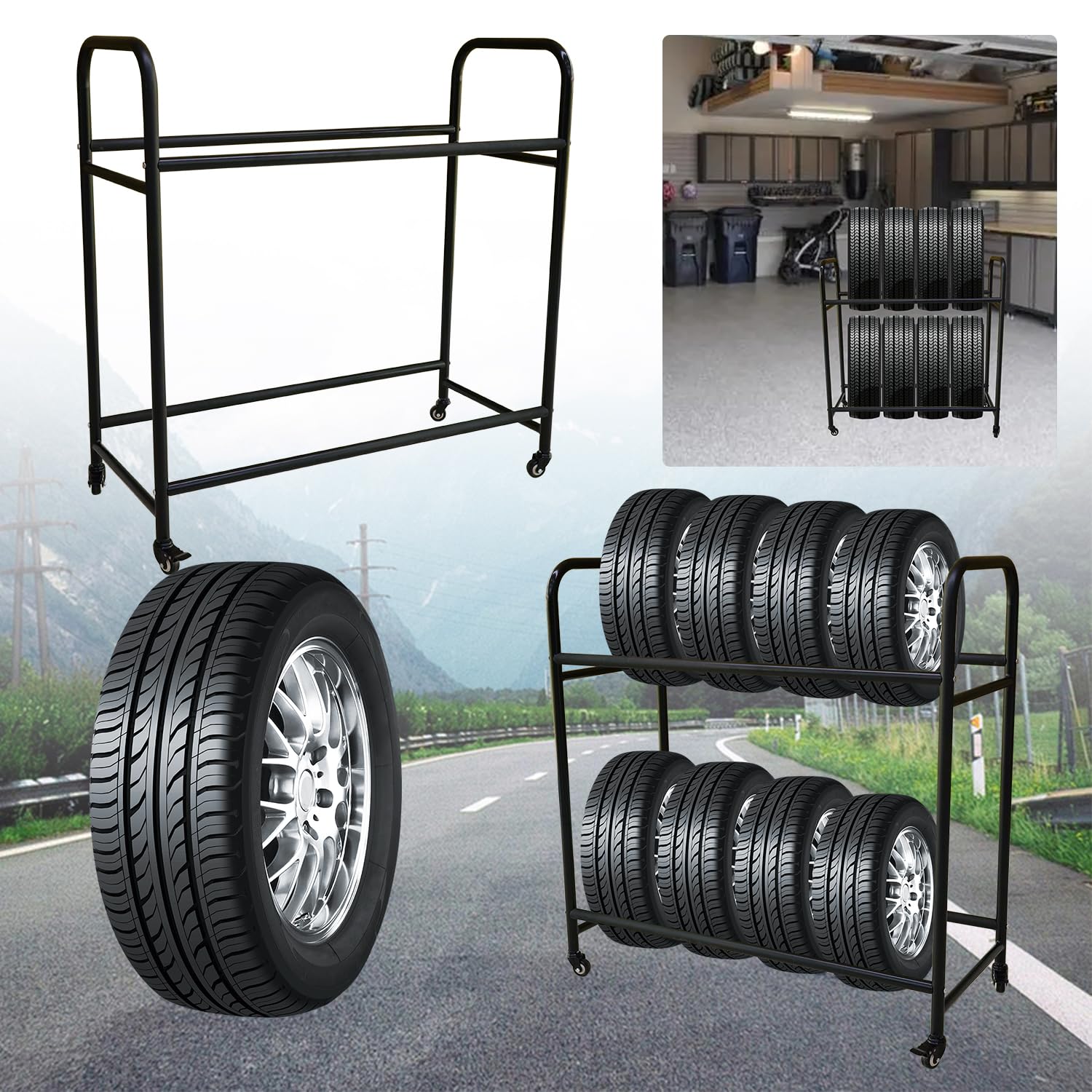 DIYTUNINGS Rolling Tire Cart Rack Organizer, Heavy Duty Mobile Tire Holder for Garage Storage, Adjustable Tire Stand Indoor/Outdoor with 2 Universal Wheels Shelves