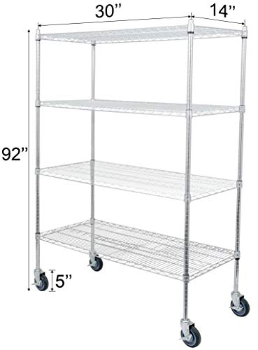 Regal Altair 14" Deep x 30" Wide x 92" High 4 Tier Chrome Wire Shelving Kit with 5" Wheels | NSF Commercial Storage Rack Unit