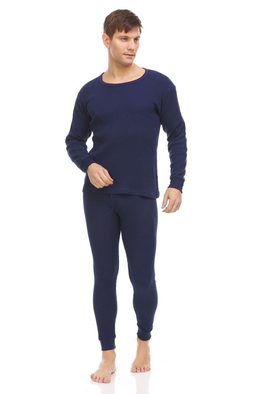 BILLIONHATS 6 Pack of 2pc Thermal Sets for Men, Base Layer Long Johns Underwear, Top & Bottom, Cotton, Solid Colors (Medium, Navy Blue)