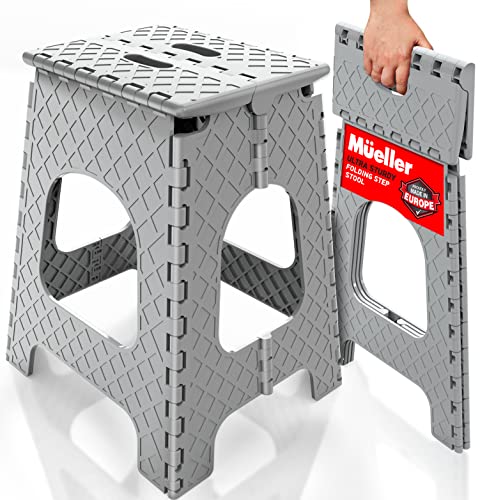 Mueller Folding Step Stool, 18 Inch Heavy Duty Step Stools for Adults and Kids, Lightweight and Portable Foldable Stool for Kitchen, Bathroom, Non-Slip and Sturdy, Holds up to 300lbs, White