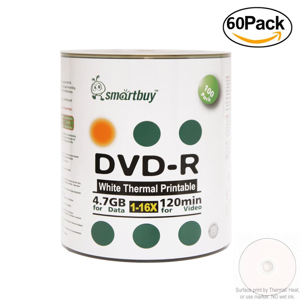 Smartbuy 6000-disc 4.7gb/120min 16x DVD-R White Thermal Hub Printable Blank Media Recordable Disc