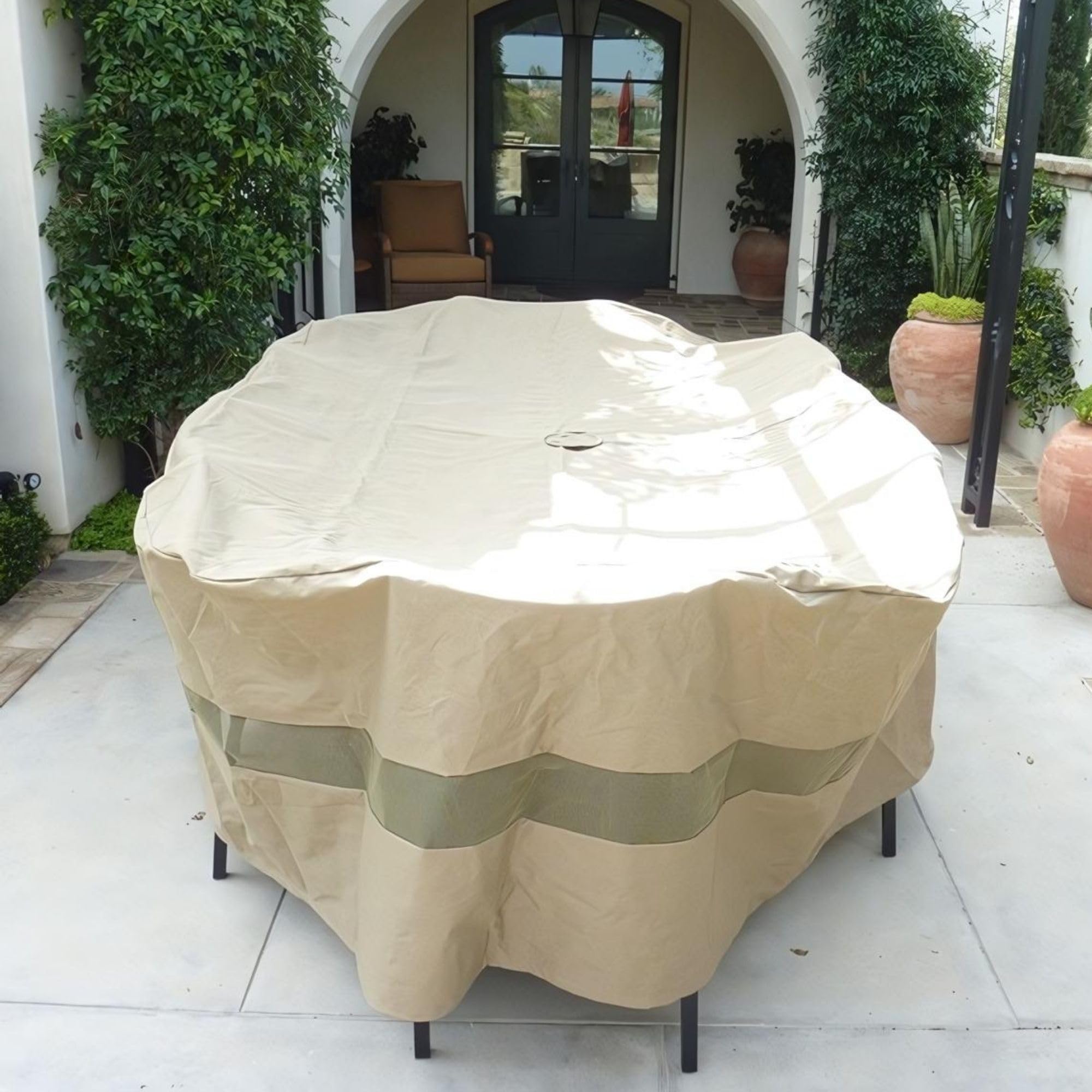 Formosa Covers | Premium Outdoor Patio Table Set Cover with Hole for Umbrella | 120" L x 86" W x 38" H | Weatherguard Material | Taupe