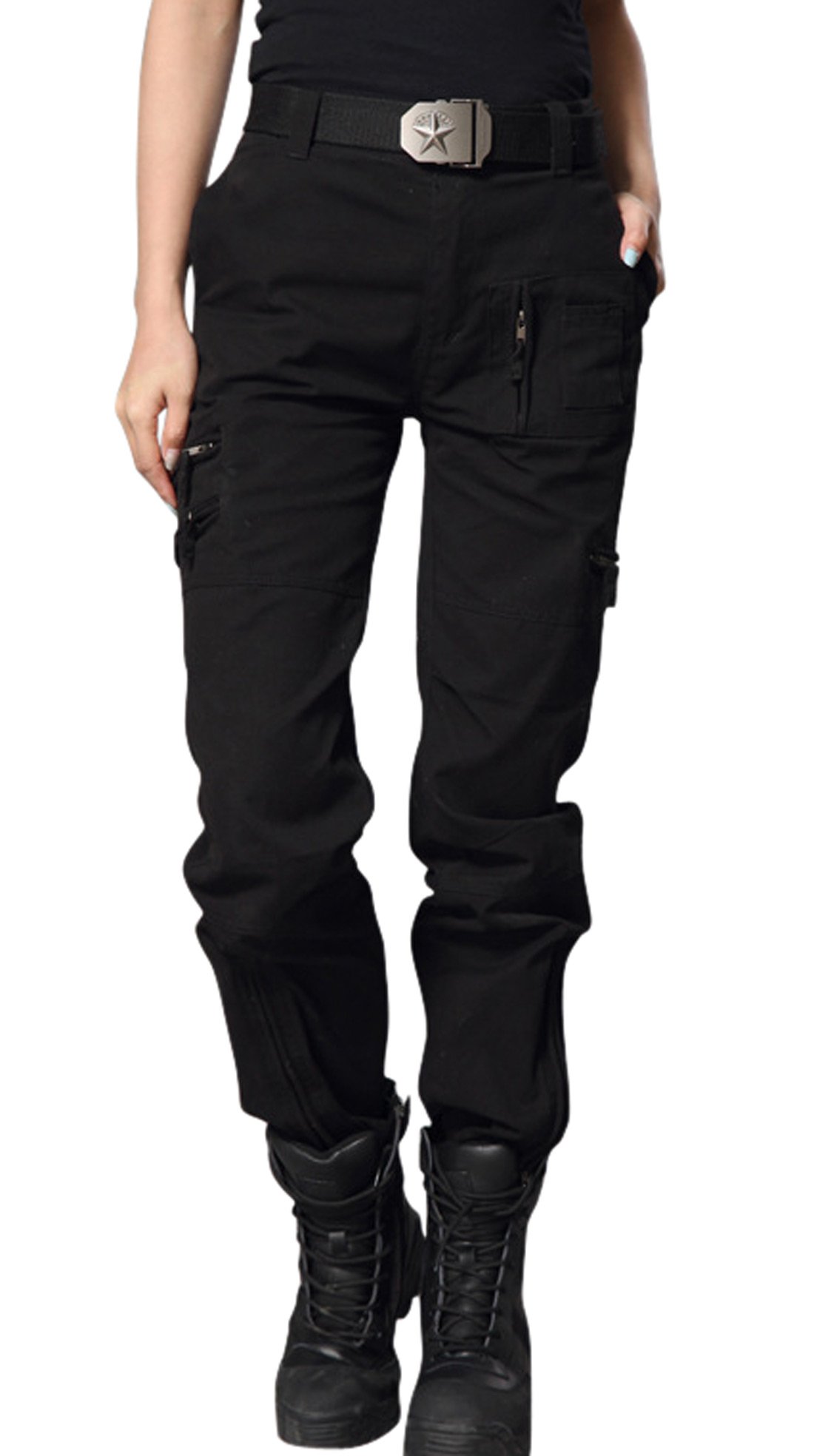 chouyatou Women's Military Straight Fit Stylish Combat Cargo Slacks Pants (Small, Black)