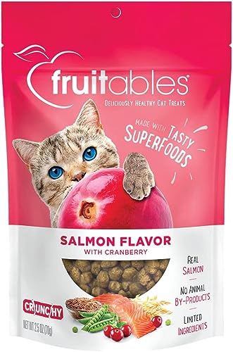 Fruitables Cat Crunchy Treats For Cats β Healthy Low Calorie Packed with Protein β Free of Wheat, Corn and Soy β Made with Real Salmon with Cranberry β 2.5 Ounces