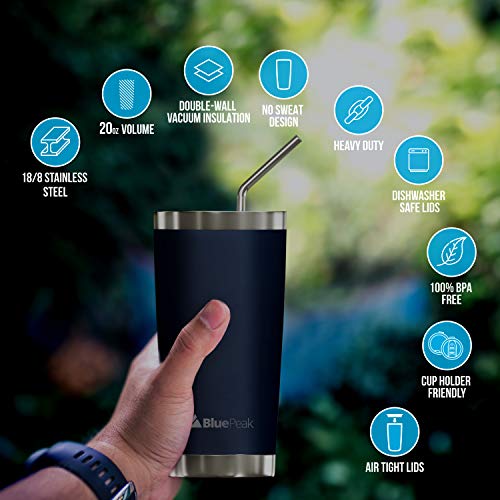 BluePeak Double Wall Stainless Steel Insulated Tumbler Set, 2-Pack, Includes Sipping Lids, Spill-Proof Sliding Lids, Straws, Cleaning Brush & Gift Box (20oz, Navy)