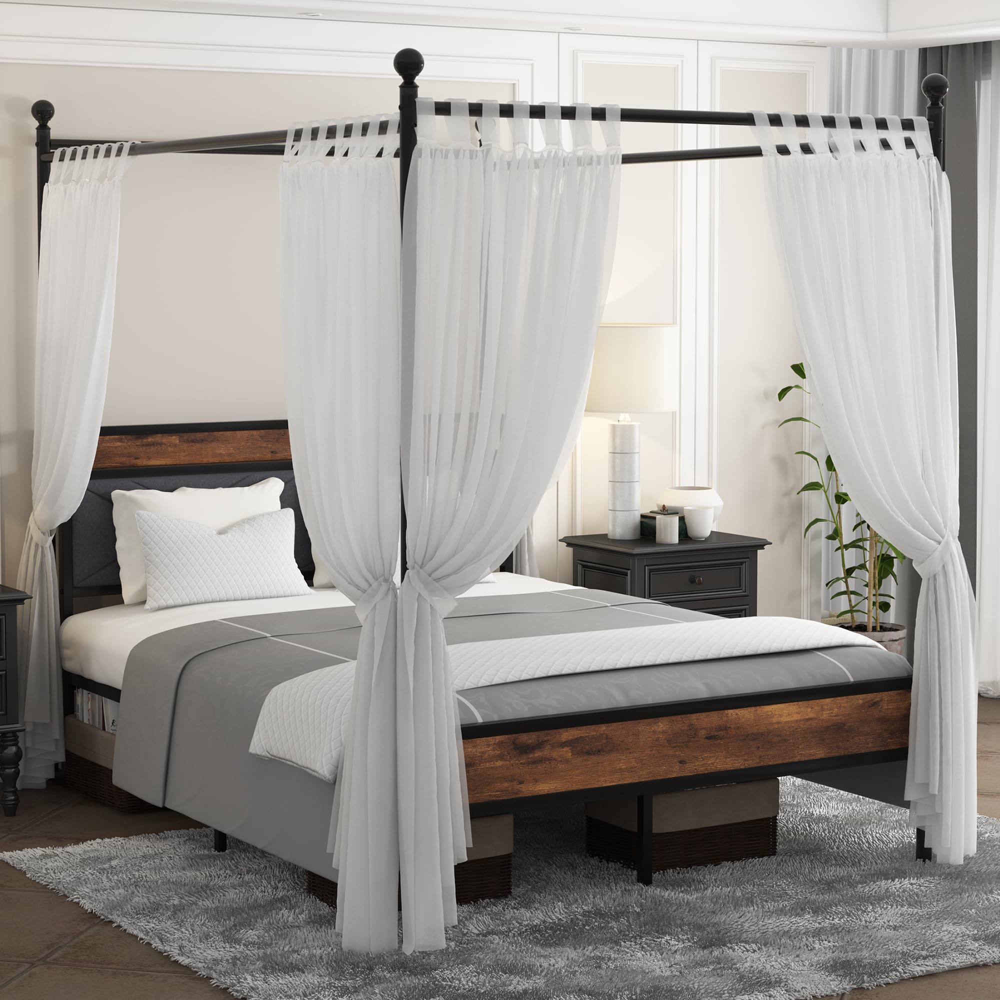 Bigbiglife Dual-Purpose Canopy Bed Frame, Bed Frame with Upholstered Headboard, Headboard with Storage Shelf and Charging Station, No Box Spring Needed, Queen Size