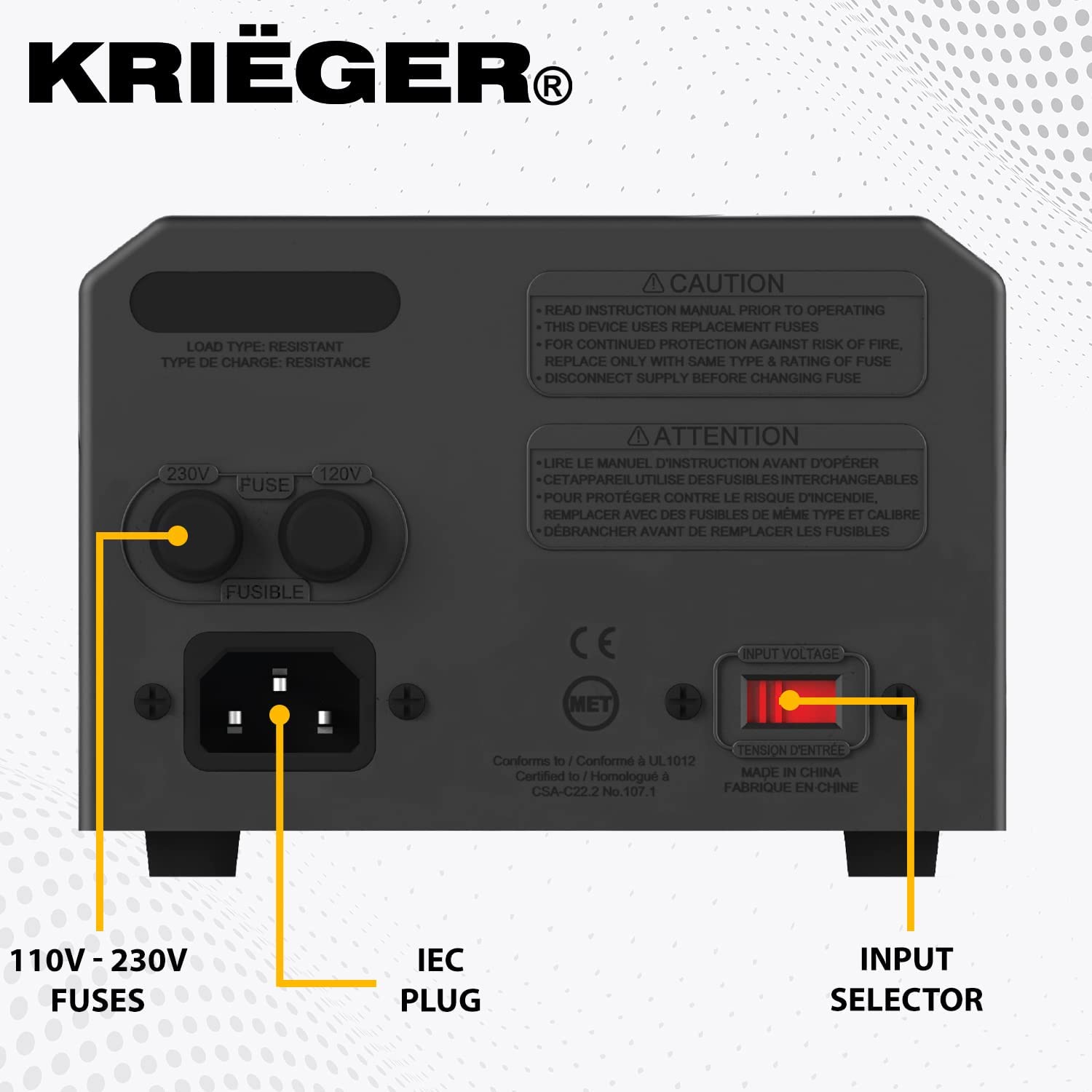 Krieger 450 Watt Voltage Transformer, 110/120V to 220/240V Step Up Step Down Voltage Converter with AC Outlets, MET Approved Under UL, CSA
