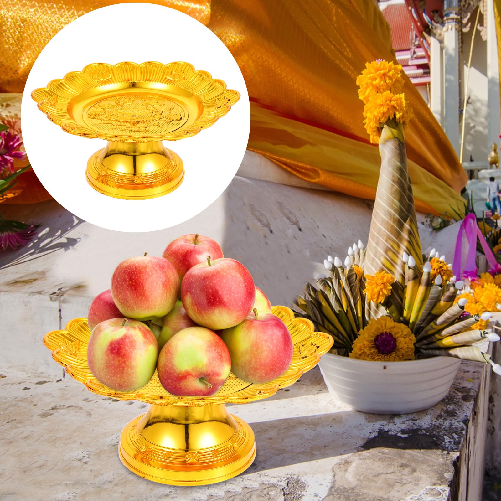 Buddha Altar Fruit Plate:2PCS Offering Plate Tribute Serving Trays - Offering Fruit Desserts and Snacks for Buddha Altar Temple - Gold (8 Inches)