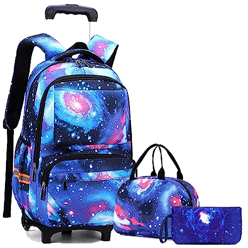 Egchescebo 18" School Kids Rolling Backpack for Girls With Wheels Trolley Wheeled Backpacks for Girls Students Travel Bags Adults Backpack With Lunch Box Pencil Bag 3PCS Dark Blue