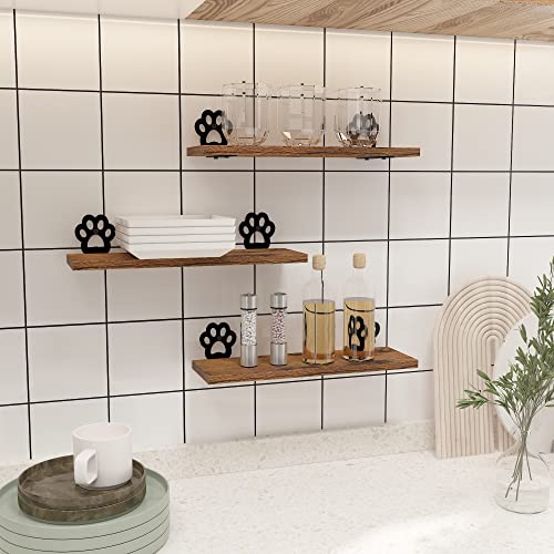 Lavezee Paw Prints Wall Decor Floating Shelves Set of 3, Cute Rustic Wooden Shelf Decorative Living Room, Bedroom, Bathroom, Log Cabin Shelving Wall Mounted