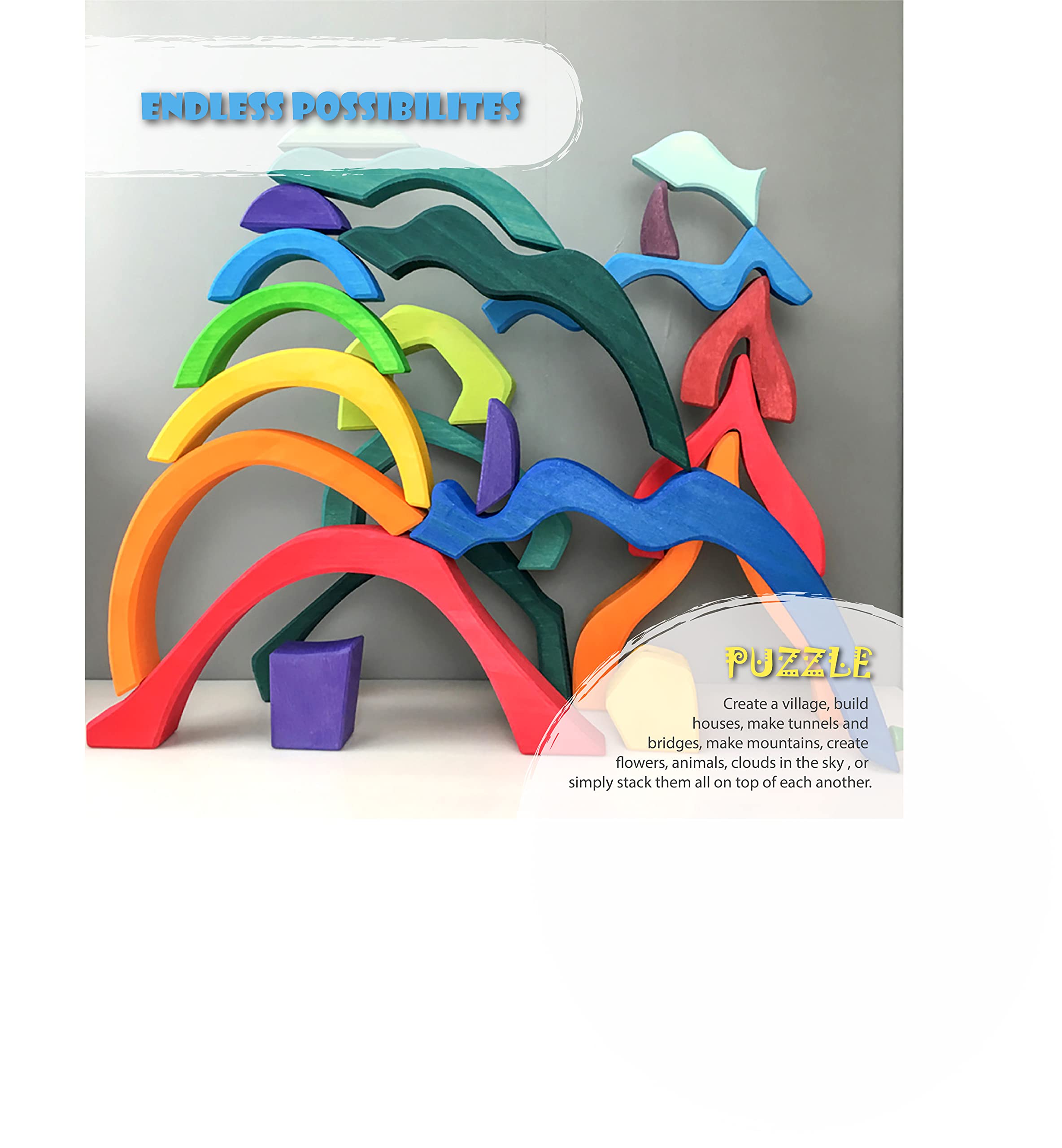 moderngenic 'Four Elements' Rainbow X-Large Rainbow Blocks, Wooden Toys for Kids, Geometric Building Puzzle, Volcano/House Educational Set